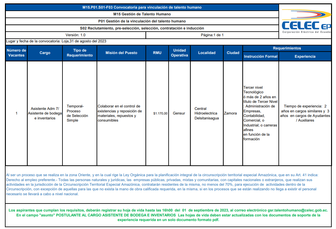 » CONVOCATORIA PROCESO DE SELECCIÓN SIMPLE ASISTENTE DE BODEGA DELSITANISAGUA